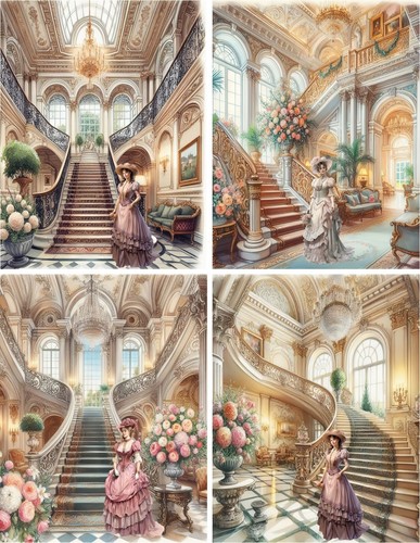 8 Victorian Women staircase glossy blank note card with envelope ...