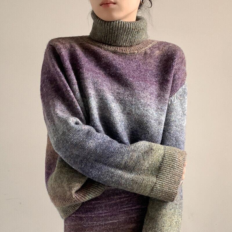 Womens Turtleneck Wool Sweaters Casual Long Knitwear Gradient Color ...