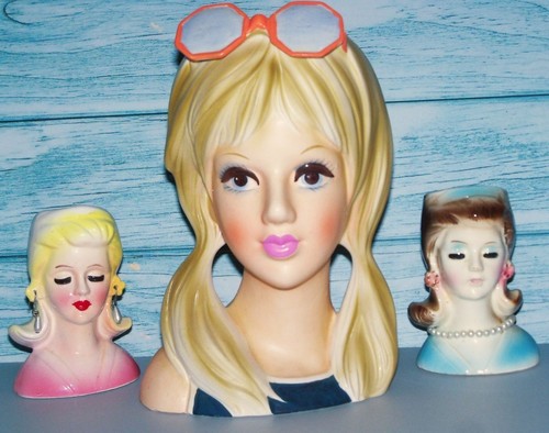 EHTF UBER RARE GLASSES LEGO XLG 7.5" BLONDE HEAD VASE LADY HEAD VASE ...