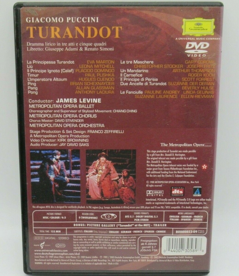 GIACOMO PUCCINI TURANDOT DVD, METROPOLITAN OPERA, PLACIDO DOMINGO, EVA ...