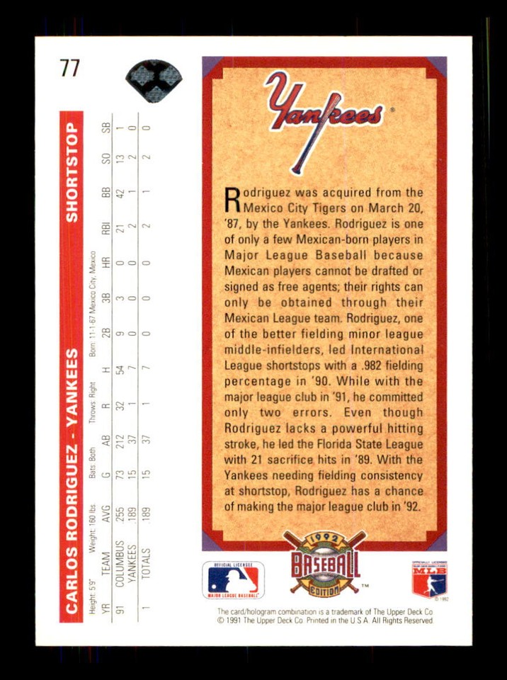 1992 Baseball 1992 Upper Deck Carlos Rodriguez New York Yankees #77 RC1 ...