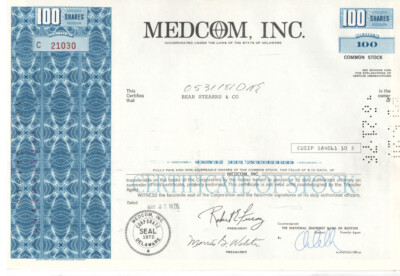 Medcom, Inc. - Original Stock Certificate - 1976 - C21030 | eBay