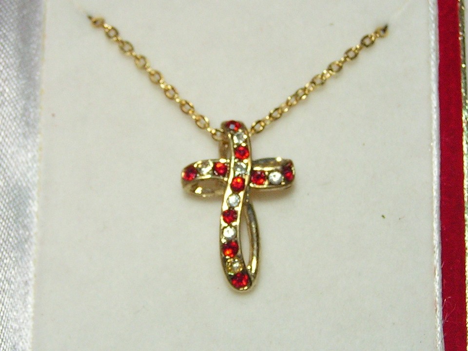 Gold Tone,Red & Clear Austrian Crystals CROSS Pendant Necklace | eBay UK