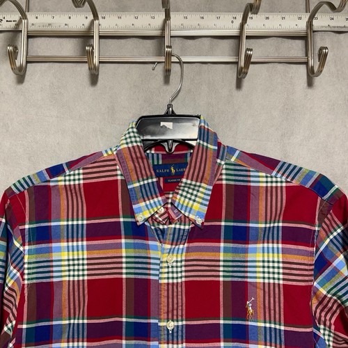 Ralph Lauren Shirt Men Size L Blue Red Tartan Plaid OCBD Oxford Cloth ...
