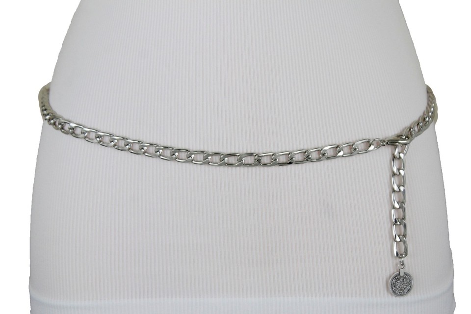 Women High Waist Hip Fashion Belt Silver Metal Chain Ethnic Coin Charm ...