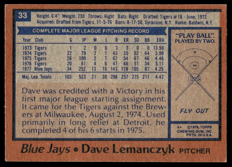 1978 Topps 33 Dave Lemanczyk Toronto Blue Jays Baseball Card | eBay