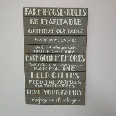 'Farmhouse Rules' Sign Farmhouse Country Wall Decor NEW Grey Off White ...