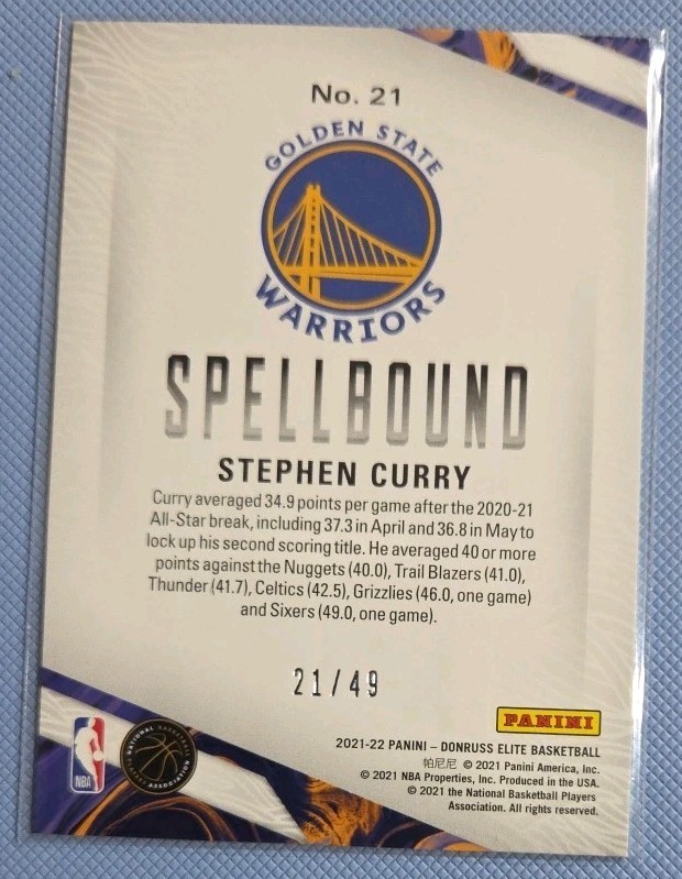 Stephen Curry 2021-22 Panini Donruss Elite Spellbound T Purple SP /49 ...