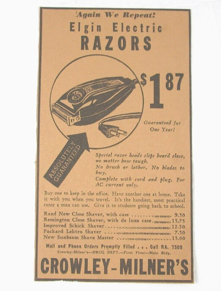 1938 Print Ad Elgin Electric Razors Crowley Milner's Advertisement | eBay