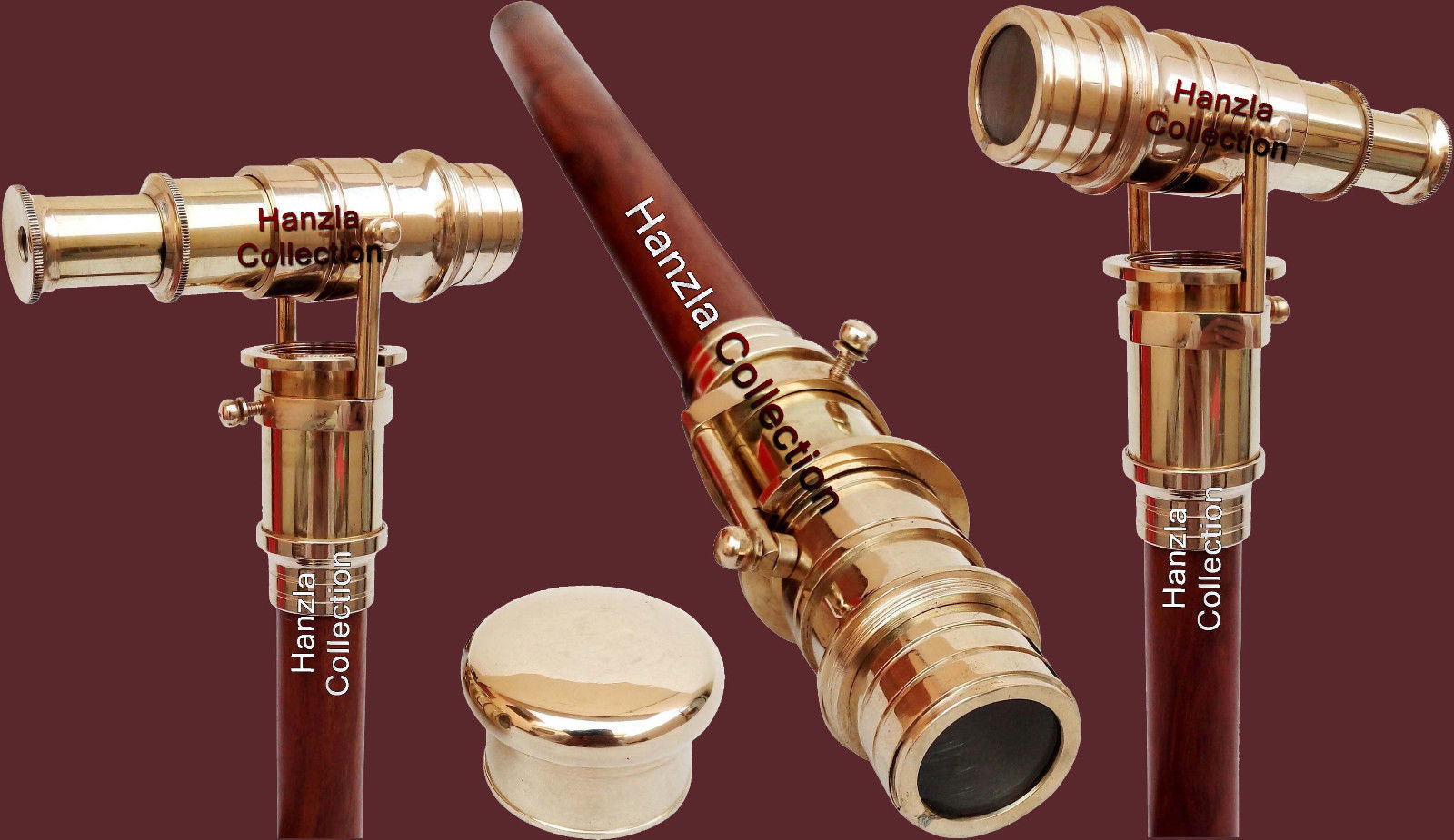 Walking Stick With Brass Telescope Foldable Hidden Spy Gift Wooden Cane ...