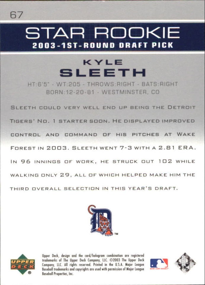 2003 Upper Deck Prospect Premieres Baseball Card #67 Kyle Sleeth XRC | eBay