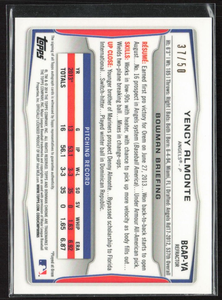 2014 Bowman Chrome #BCAP-YA Yency Almonte Prospect Autographs Black ...