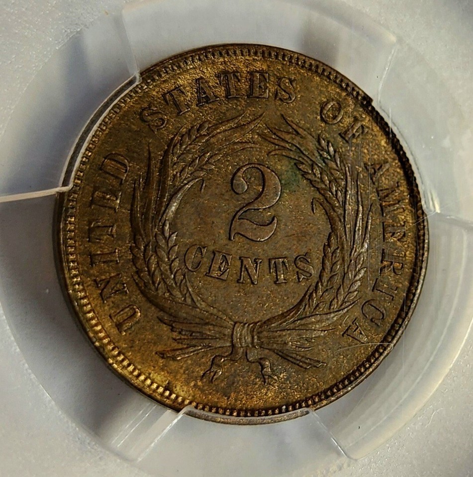 CHOICE 1865 TWO CENT PIECE SHARP MOTTO SHIELD WREATH - FANCY 5 - PCGS ...