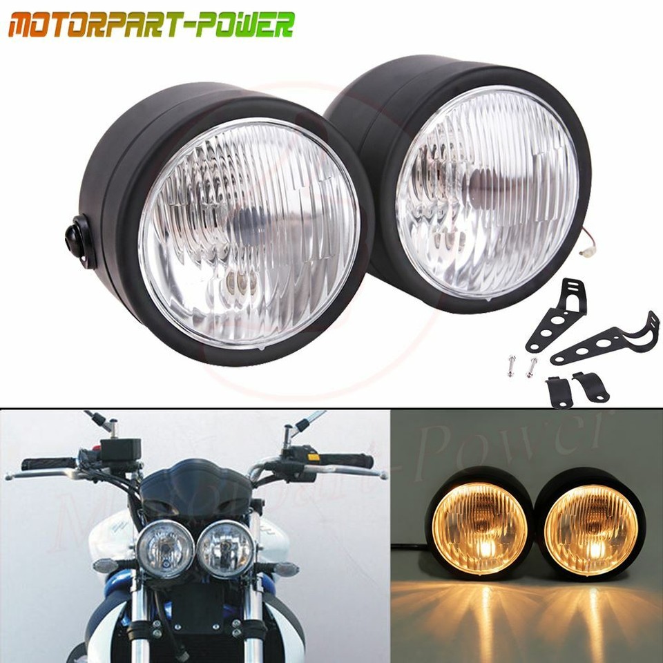 Universal Street Motorcycle Black Front Twin Headlight Double Dual Lamp ...