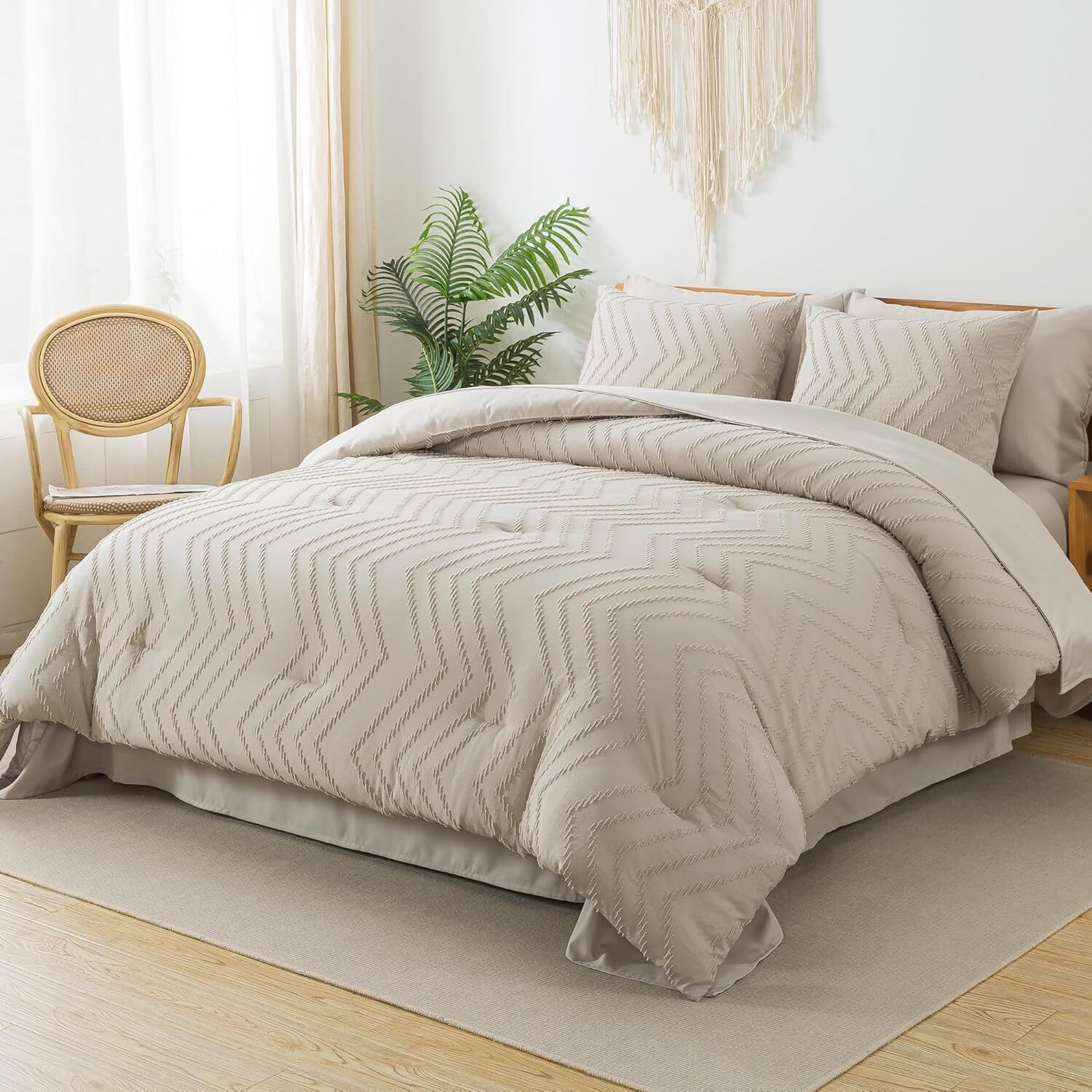 King with Shams Beige Comforter Set - 7 Piece Chevron Tufted Bedding Set