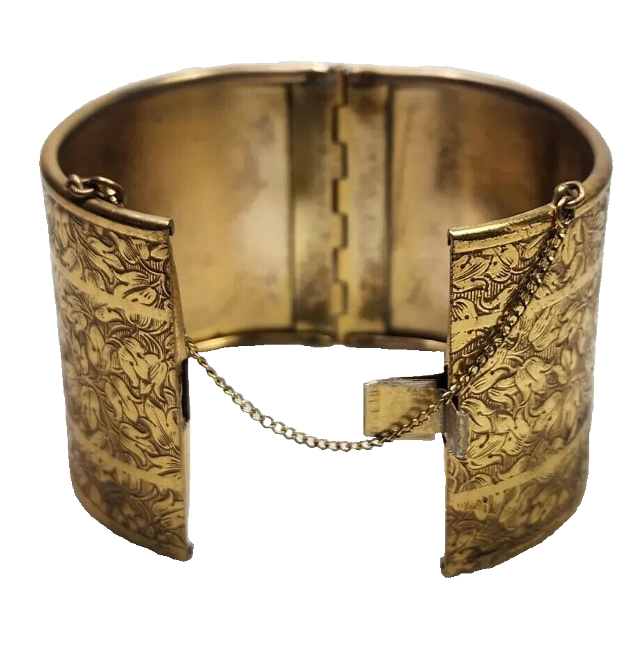 VTG Miriam Haskell Cuff Bracelet Gilt Etched 2" Wide Signed w/Chain | eBay