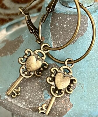 Bronze Key Lever Back Hoops Dangle Earrings. Heart. Love. Boho Chic | eBay