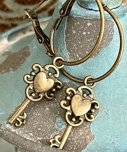 Bronze Key Lever Back Hoops Dangle Earrings. Heart. Love. Boho Chic | eBay