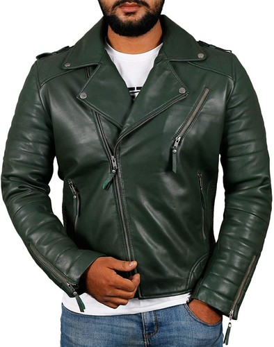 Men's NEW Real Green Riding Leather Jacket Authentic Sheepskin Soft ...