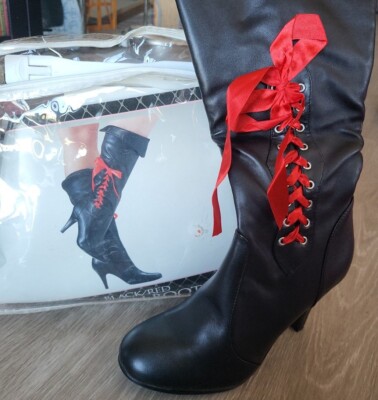 New Womens Black High Heel Rise Red Ribbon Med 7-8 Gogo Boots pair | eBay
