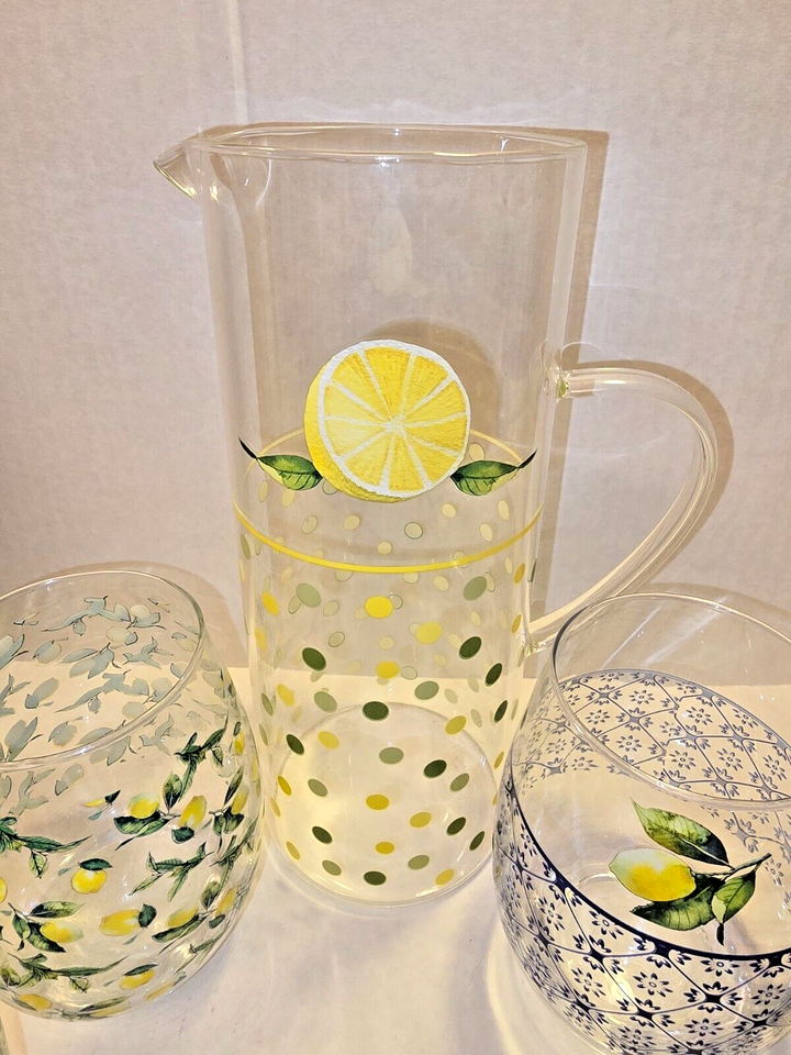 Pitcher And 4 Glasses HOME ESSENTIALS PITCHER SET Lemon & Leaves | eBay