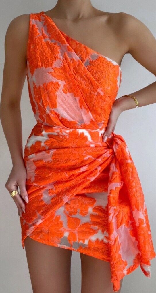 Reverse One Shoulder Orange Floral Side Tie Knot Jacquard Reverse One Shoulder Orange Floral Side Tie Knot Jacquard