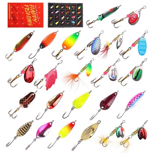 Complete Fishing Lure Spinner Set 24 Pieces with Treble Hooks and ...