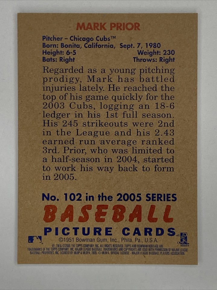 Mark Prior Signed 2005 Bowman Heritage Cubs Autograph | eBay