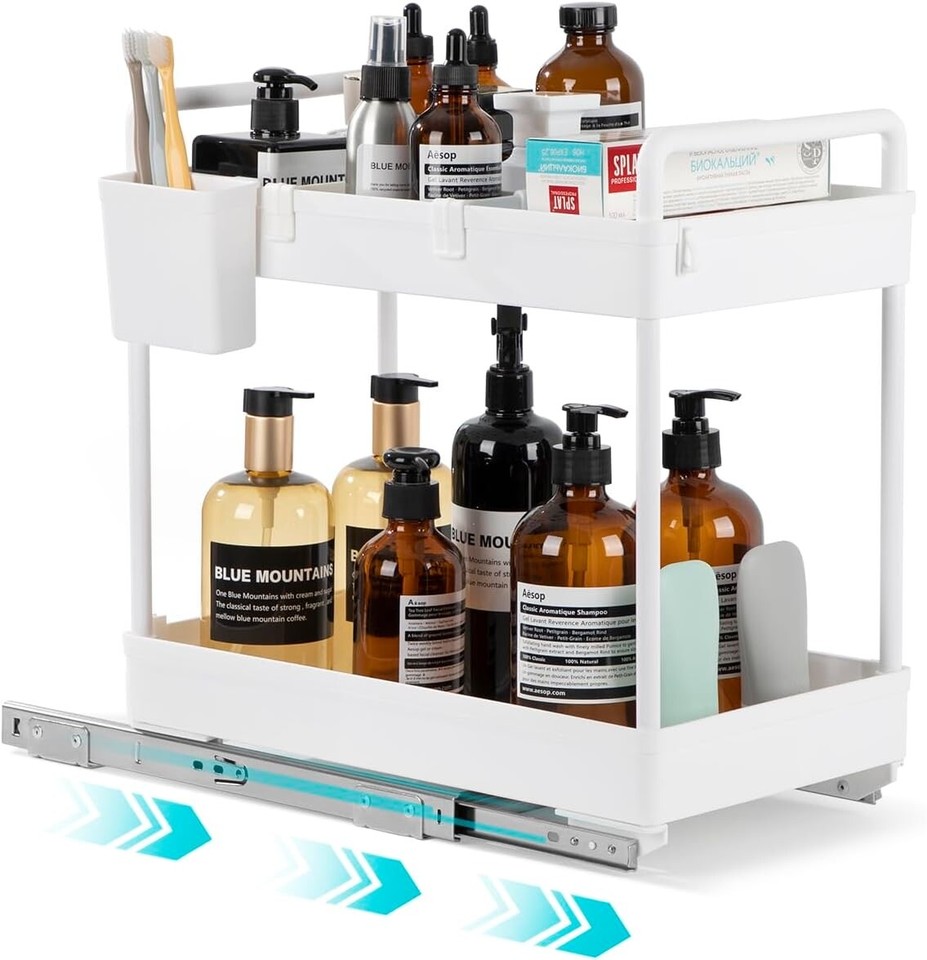 2 Tier Under Sink Organizers And Storage With Sliding Track Black/White ...