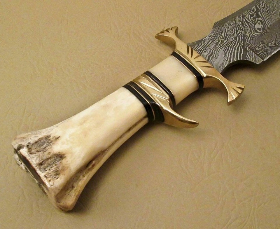 Handmade Damascus Bowie Knife Sharp Blade Camel Bone Handle With ...