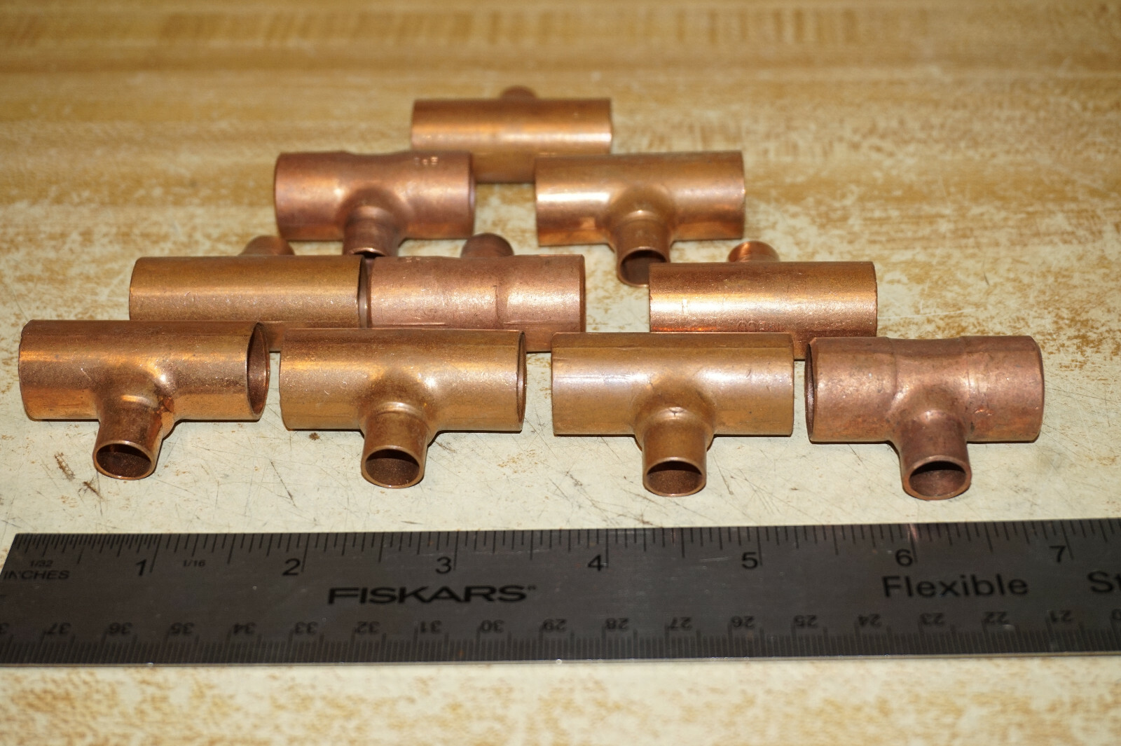 Lot of 4: Copper "Tee" T Pipe Fittings - 1/2" x 1/4" x 1/2" (0.5 x 0.25 ...