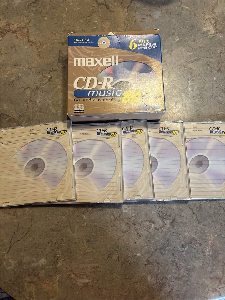 Maxell CD-R Gold Music 80 Min 5-Pack Slimline Jewel Cases New In Sealed ...