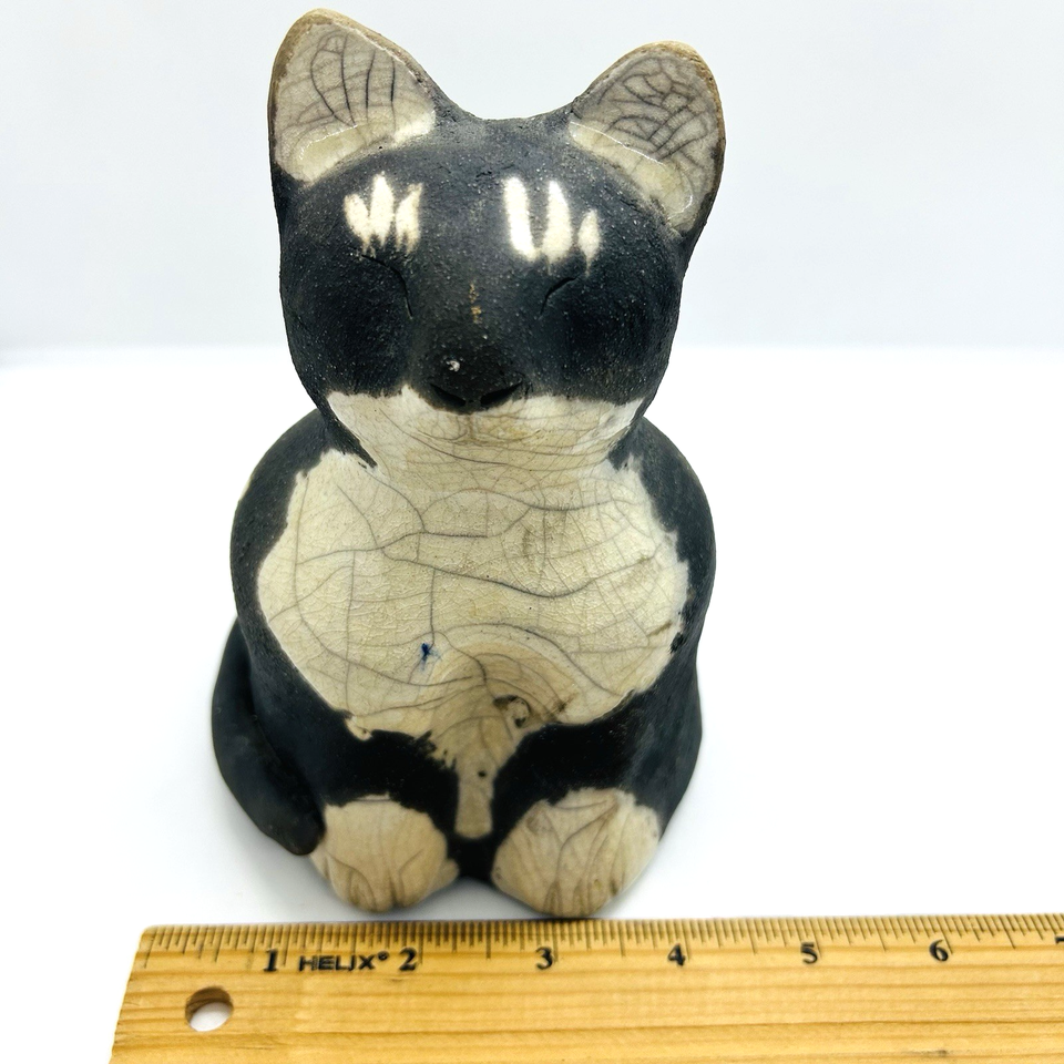 Raku Cat Kitten Art Pottery Sculpture Figurine Artist Signed Black ...