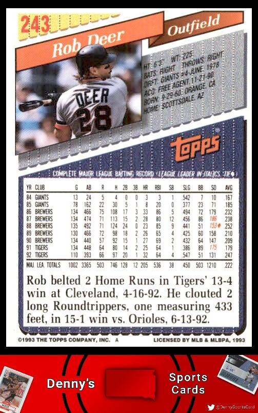 1993 Topps #243 Rob Deer Detroit Tigers Baseball Card | eBay