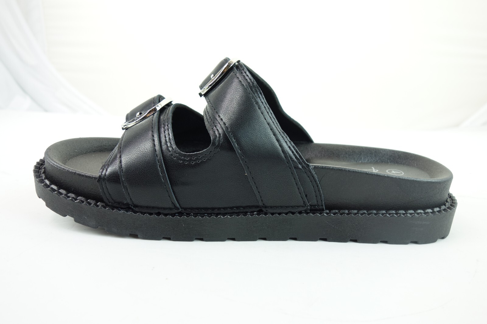 WOMENS LADIES LOW WEDGE MULES SLIP ON FOOT BED BUCKLE STUDS PEEP TOE ...