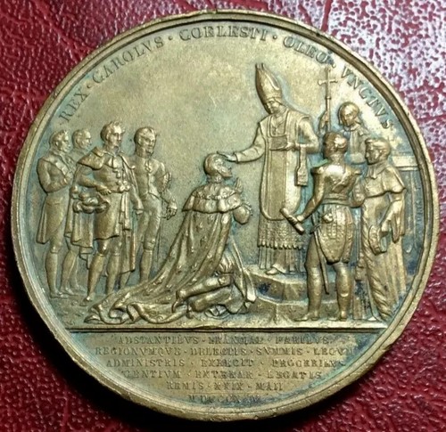 Coronation of Charles X by Archbishop of Reims 1825 rare medal by BARRE ...