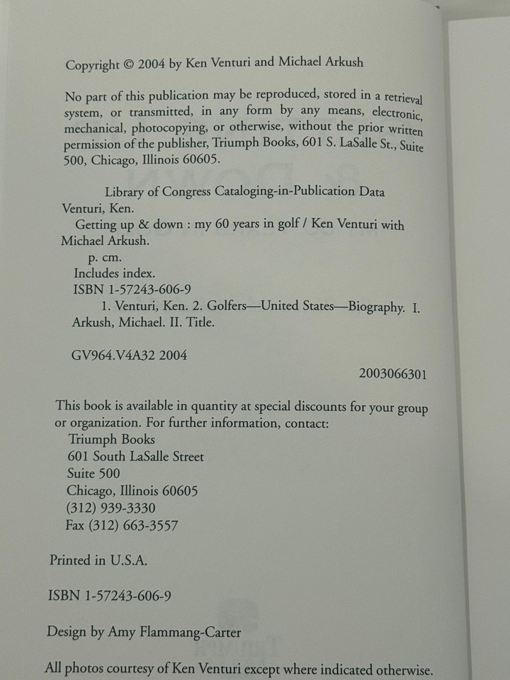 Ken Venturi Autograph Signed Getting Up And Down Golf PGA Memoir Book US OPEN | eBay