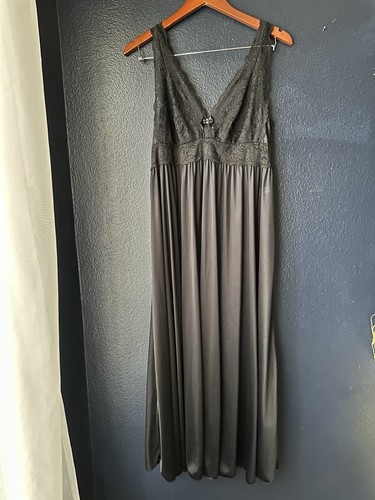 Vintage Shadowline Black Lingerie Lace Bodice Long Nightgown Sz Large Sheer | eBay