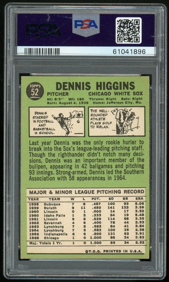 DENNIS HIGGINS 1967 Topps #52 Chicago White Sox PSA 6 EX-MT | eBay