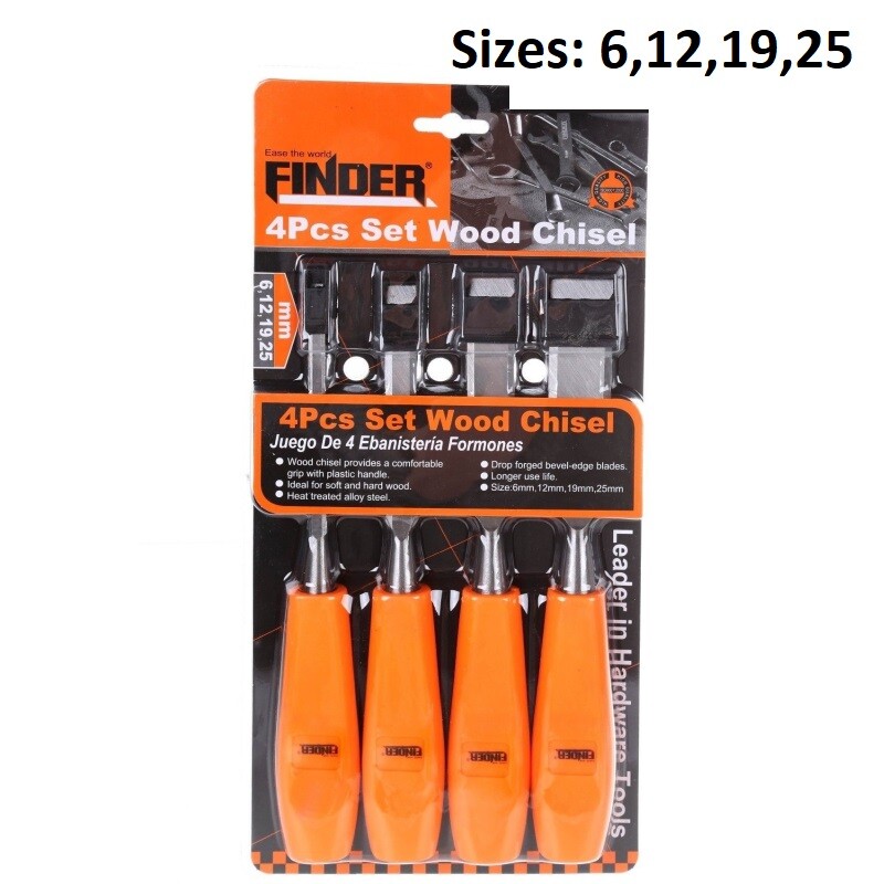 FINDER 4pc Wood Chisel set 6,12,19,25mm CR-V with Comfortable Grip ...