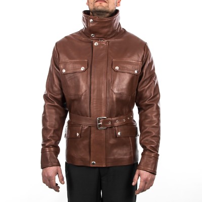 Italian handmade men genuine leather belted jacket brown | eBay