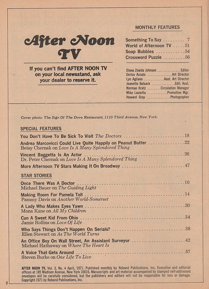 Afternoon TV Apr 1971 ANDREA MARCOVICCI-VINCENT BAGGETTA-PATRICIA ...