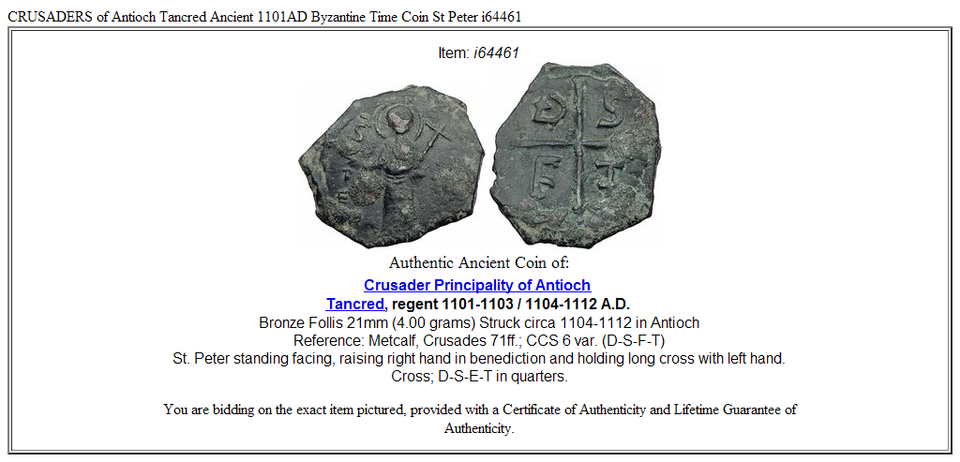CRUSADERS of Antioch Tancred Ancient 1101AD Byzantine Time Coin St ...