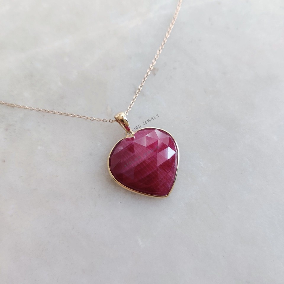 22.73ct Natural Ruby Heart Pendant 14K Gold Minimalist July Birthstone ...