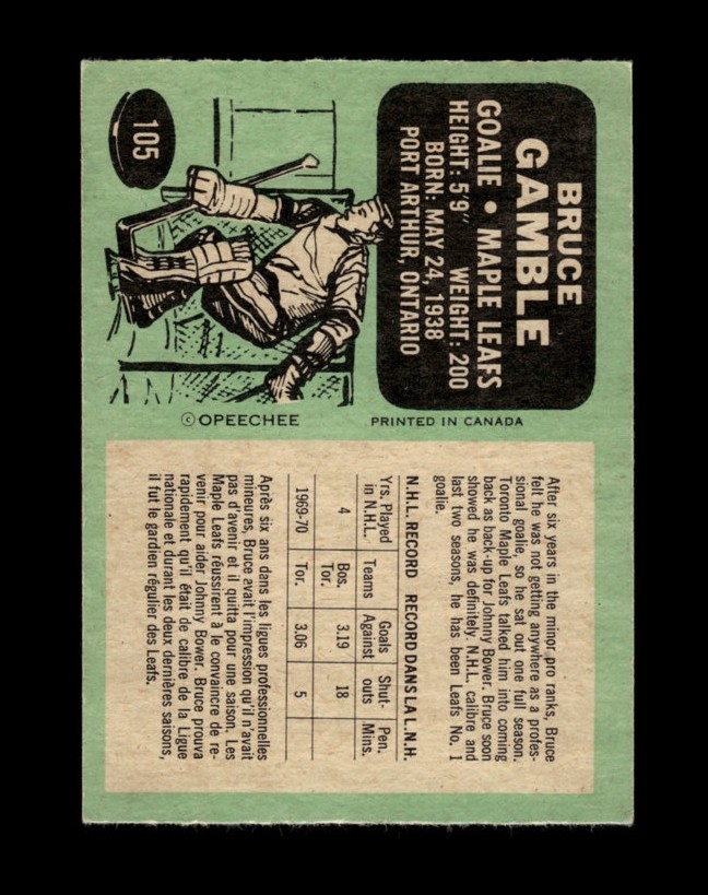 1970-71 O-Pee-Chee Set-Break #105 Bruce Gamble EX-EXMINT *GMCARDS* | eBay