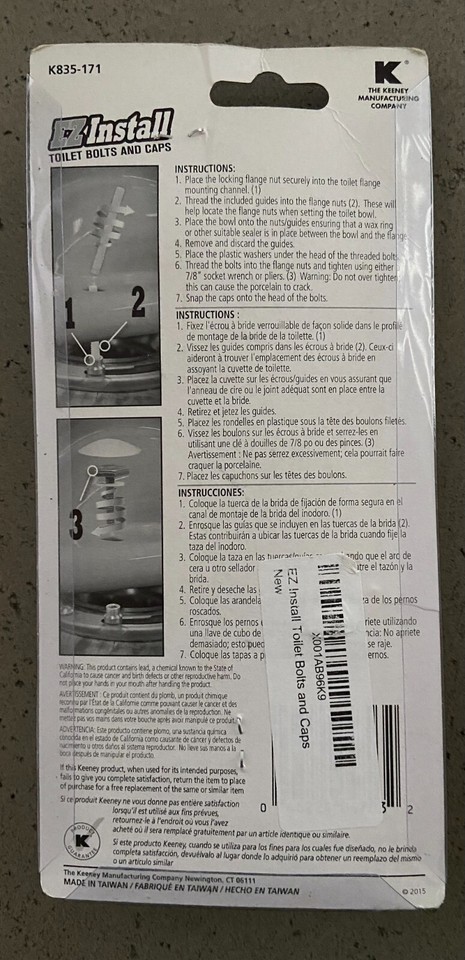 Keeney Toilet Bolts And Cap Covers White K835-171 Low Profile Easy ...