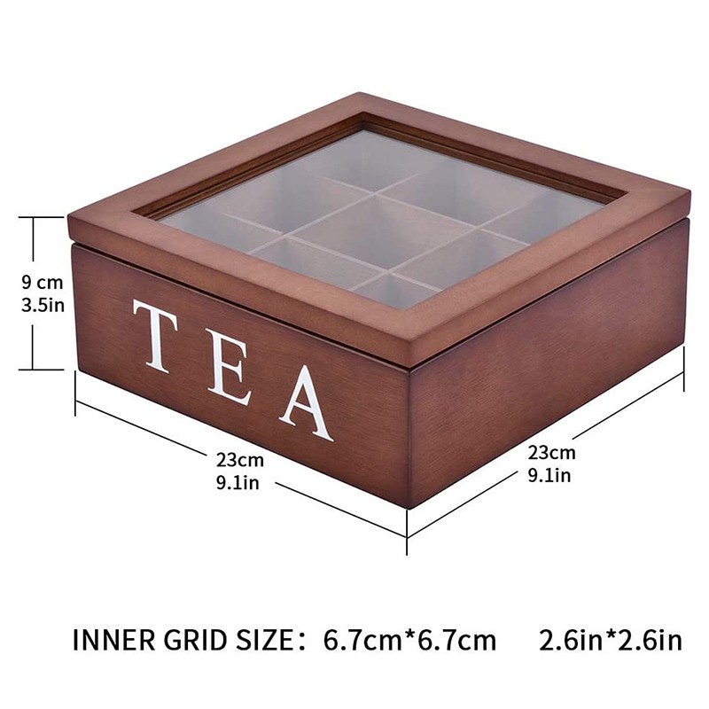 Wood Tea Storage Box Teabag Storing 9 Compartment Hinged Glass Lid Tea ...