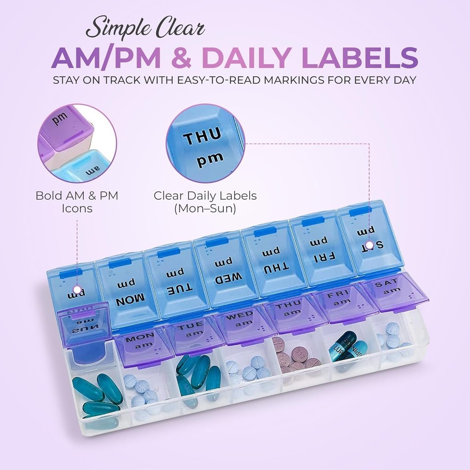 2X WEEKLY PILL ORGANISER Day & Night 7 DAY Box Tablet AM PM Medication ...