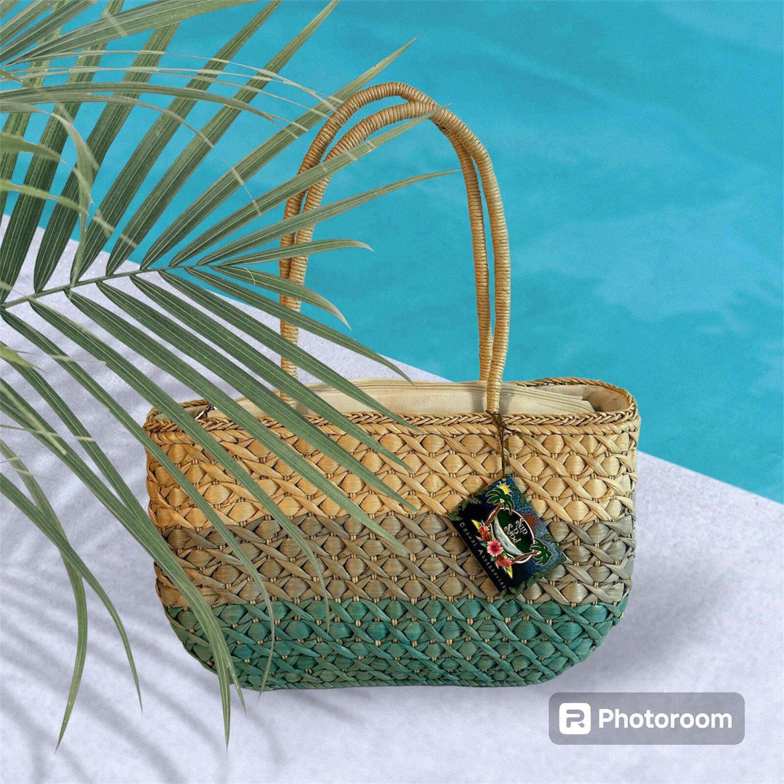 Large Straw Beach Tote Bag Aqua Tan Basket Weave Raffia Tote Tropical ...