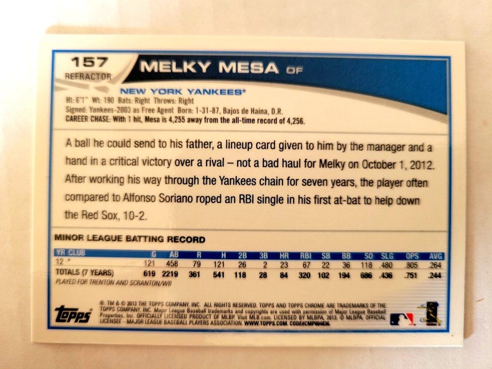 2013 Topps Chrome Refractor Melky Mesa #157 Rookie RC NEW YORK YANKEES ...